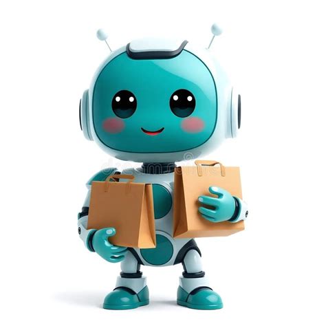 Cute Robot Holding Shopping Bags Delivery Android Bot 3d Cartoon Style Stock Illustration