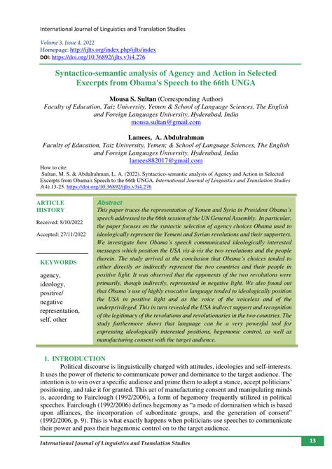 Pdf Syntactico Semantic Analysis Of Agency And Action In Selected Excerpts From Obamas Speech