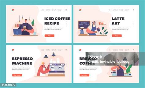 바리스타 만들기 커피 랜딩 페이지 템플릿 세트 친절한 남성과 여성 캐릭터가 카페에서 앞치마 작업을 착용합니다 가정 주방에 대한 스톡 벡터 아트 및 기타 이미지 Istock