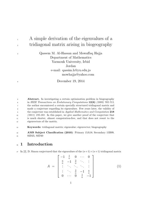 Pdf A Simple Derivation Of The Eigenvaluesof A Tridiagonal Matrix