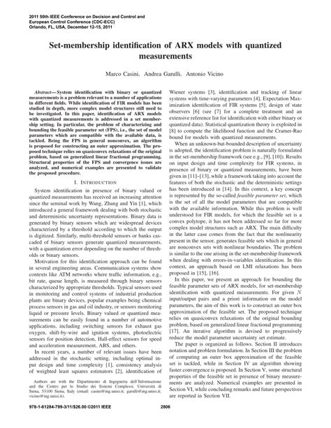 [pdf] Set Membership Identification Of Arx Models With Quantized Measurements
