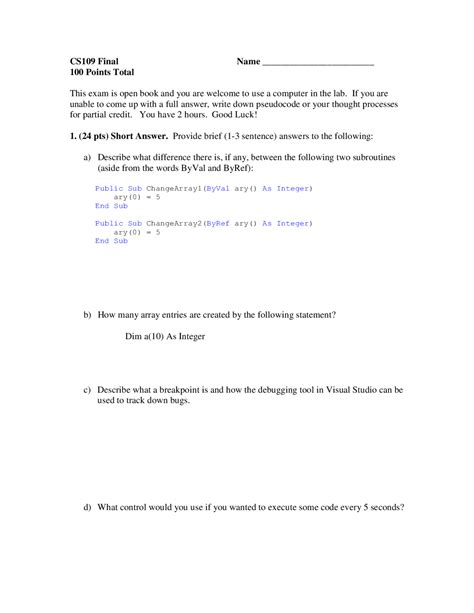 Final Exam Solutions Visual Basic Net Programming Cs A111 Docsity