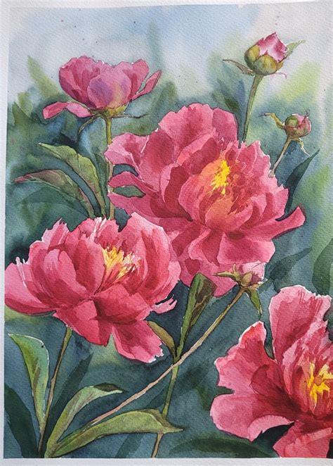 Красные пионы в стиле 2d Академический рисунок графика живопись