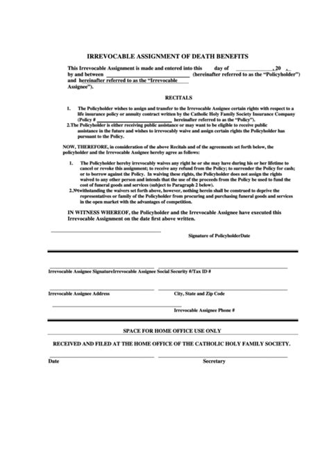 Irrevocable Assignment Of Death Benefits Printable Pdf Download