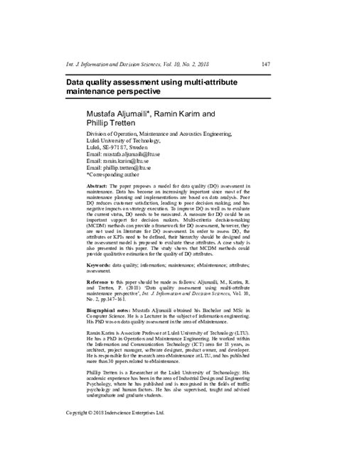 Pdf Data Quality Assessment Using Multi Attribute Maintenance Perspective