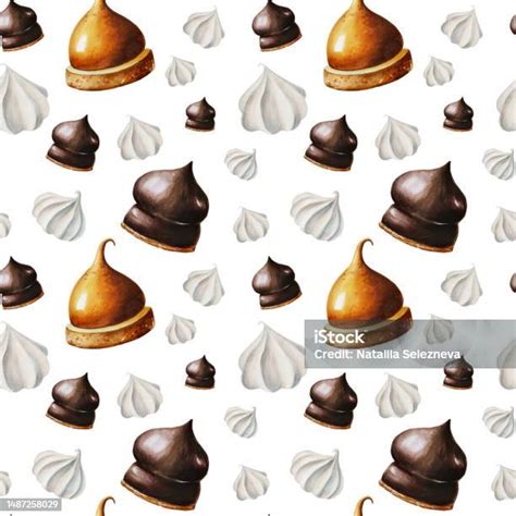 머랭 초콜릿 마시멜로 오렌지 수플레가 있는 수채화 무늬 하얀 고립된 배경에 달콤한 그림을 그리는 손 디자이너 메뉴 상점 바 비스트로 레스토랑 엽서 포장지 표지 포스터 및