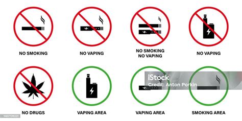 금지 구역 연기 약물 전자 담배 니코틴 베이핑 세트 아이콘 Vape 연기 구역 금지 픽토그램 없음을 주목하십시오 흡연 녹색 표지판을 허용하십시오 금지 된 연기 지역 표지판