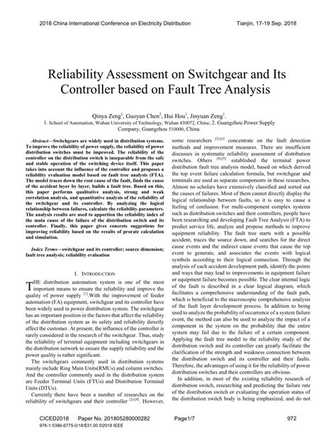 PDF Reliability Assessment On Switchgear And Its Controller Based On Fault Tree Analysis
