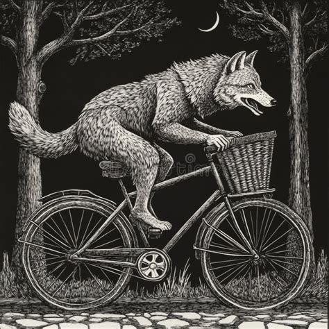 A Wolf Riding A Bicycle With A Basket Its Tail Trailing Behind As It Balances Humorously On The