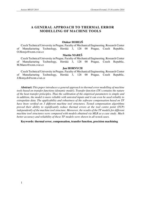 Pdf A General Approach To Thermal Error Modelling Of Machine Tools