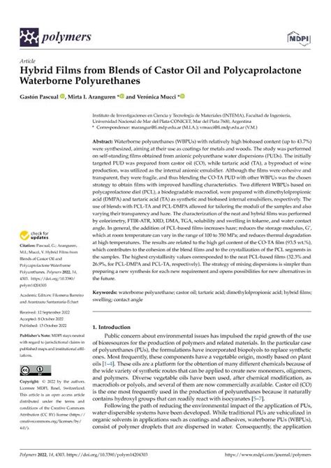 Hybrid Films From Blends Of Castor Oil And Polycaprolactone Waterborne