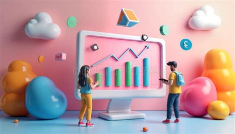 two stylized figures analyze large monitor displaying growing bar graph
