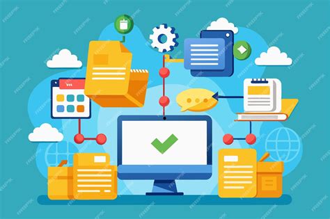 A Vibrant Cartoon Depiction Showing File Synchronization With Folders A Computer And Various