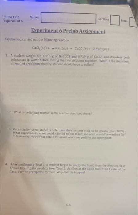 Solved Chem 1111 Name Experiment 6 Experiment 6 Prelab