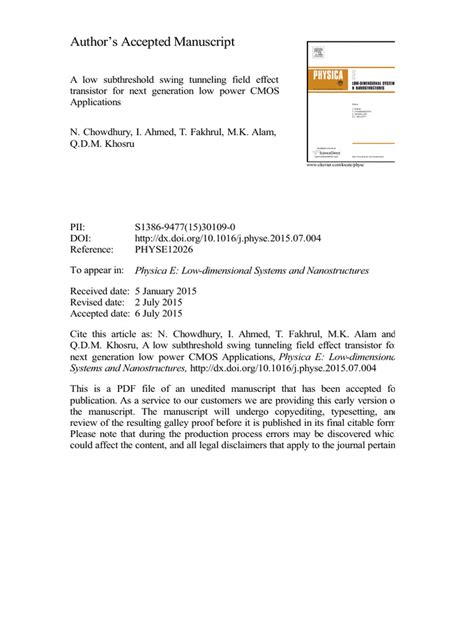 A Low Subthreshold Swing Tunneling Field Effect Pdf Mosfet Field Effect Transistor