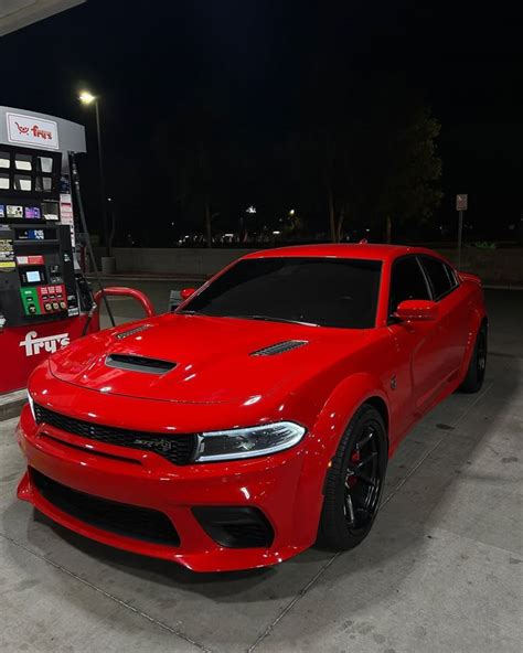 Red Hellcat Redeye Srt At Night With Lights On