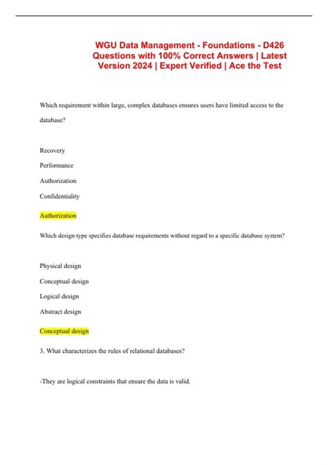 WGU Data Management Foundations D Questions With Correct Answers Latest Version