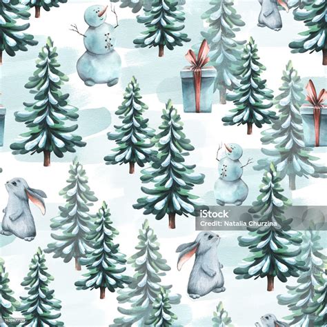 크리스마스 트리 산토끼 눈사람 선물이있는 흰색 배경에 겨울 매끄러운 패턴 아늑한 겨울의 큰 세트에서 수채화 그림 섬유 직물 벽지 포장지 12월에 대한 스톡 벡터 아트 및