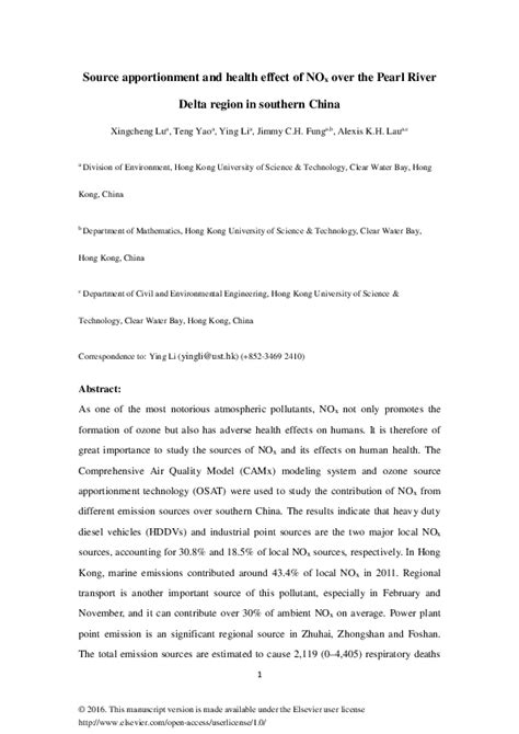 Pdf Source Apportionment And Health Effect Of Nox Over The Pearl