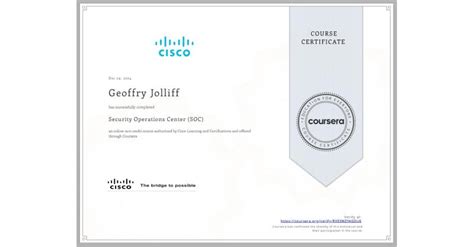 Geoff Jolliff On Linkedin Completion Certificate For Security Operations Center Soc
