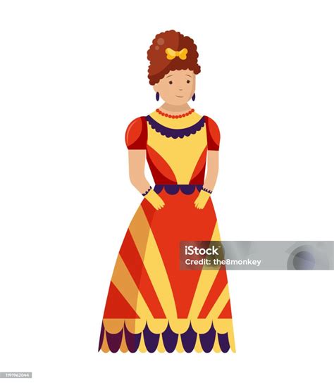 중세 패션 빈티지 드레스 르네상스 의류 벡터 여성 캐릭터입니다 역사적인 왕실 의상 일러스트 흰색 배경에 고립 된 예술 의상 천을 입은 바로크 인 갈색에 대한 스톡 벡터 아트