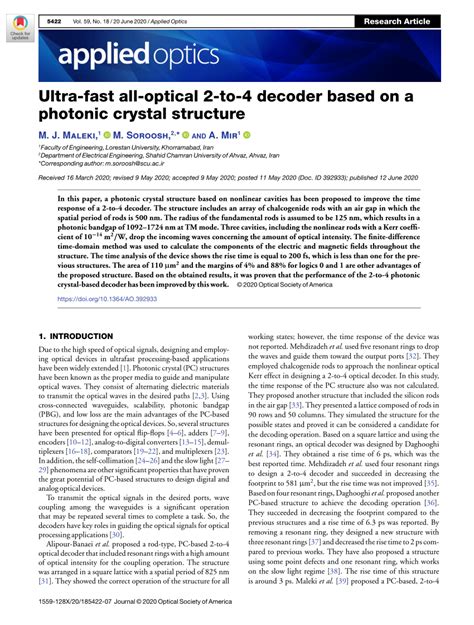 Pdf Ultra Fast All Optical 2 To 4 Decoder Based On A Photonic Crystal