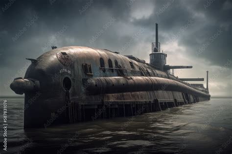 Submarine Floating On A Body Of Water Generative AI Stock Illustration