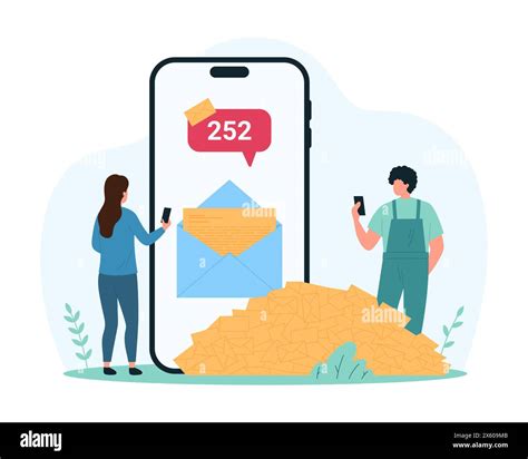 Email Spam And Sms Overload Of Mailbox Mobile App Tiny People And Heap Of Scam Letters And