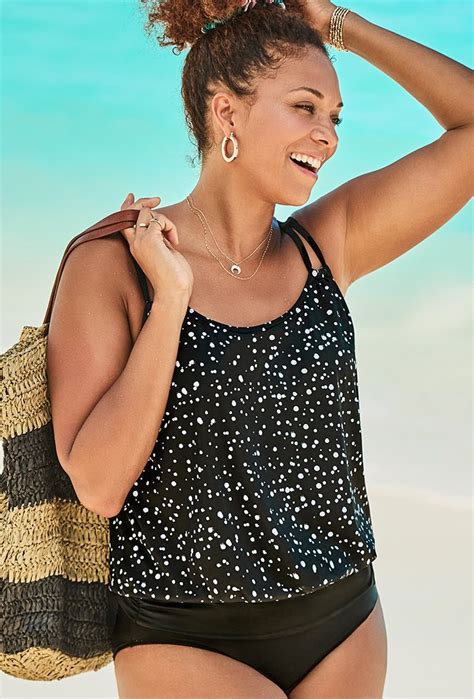 Plus Size Pearl Loop Strap Blouson Tankini Top