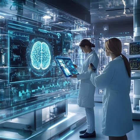 two scientists examining a digital brain model on a large interactive