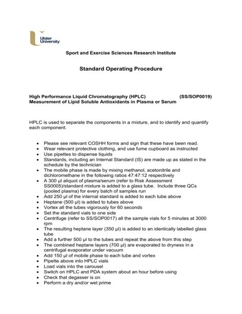Hplc Sop Lipid Antioxidant Measurement In Plasma Serum