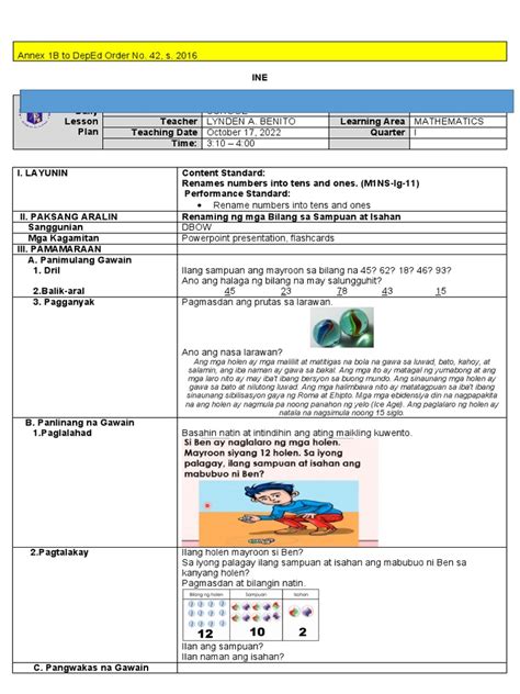 Lp Math 1 Quarter 1 10 17 22 Rename Numbers Into Tens And Ones Pdf