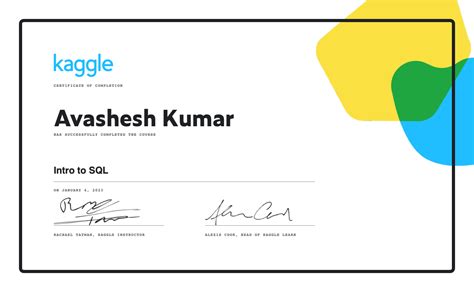 avashesh kumar completed the intro to sql course on kaggle