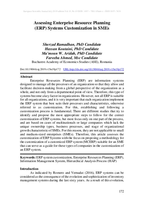 Pdf Assessing Enterprise Resource Planning Erp Systems Customization In Smes