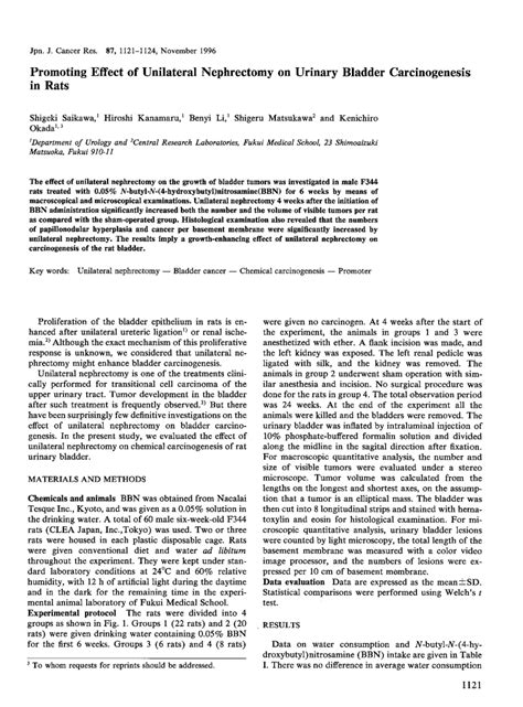 Pdf Promoting Effect Of Unilateral Nephrectomy On Urinary Bladder Carcinogenesis In Rats
