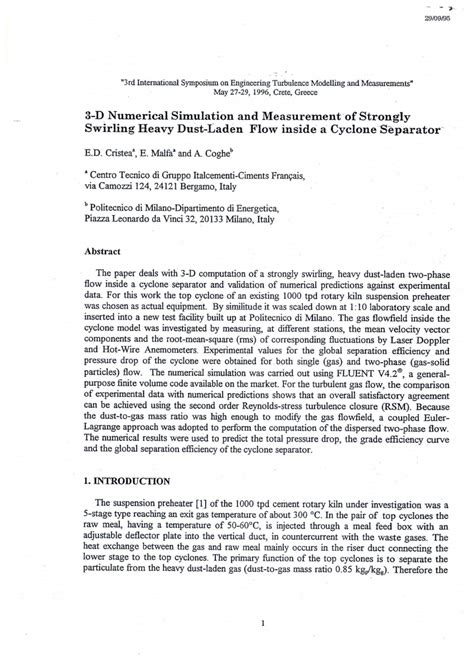 Pdf 3 D Numerical Simulation And Measurement Of Strongly Swirling Heavy Dust Laden Flow Inside