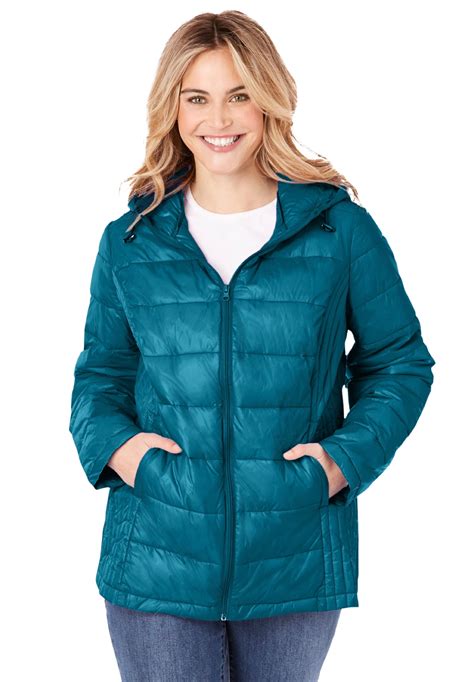 Woman Within Plus Size Packable Puffer Jacket Lightweight Hooded