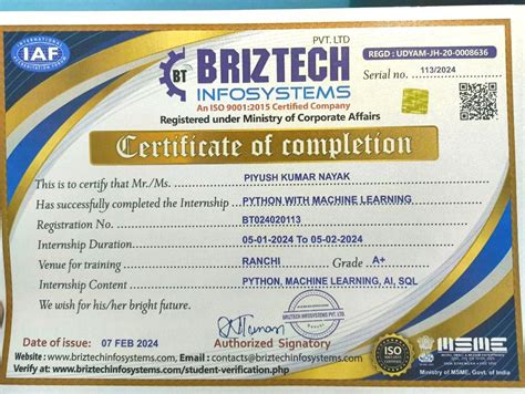 piyush nayak on linkedin certification of completion of internship python with machine learning