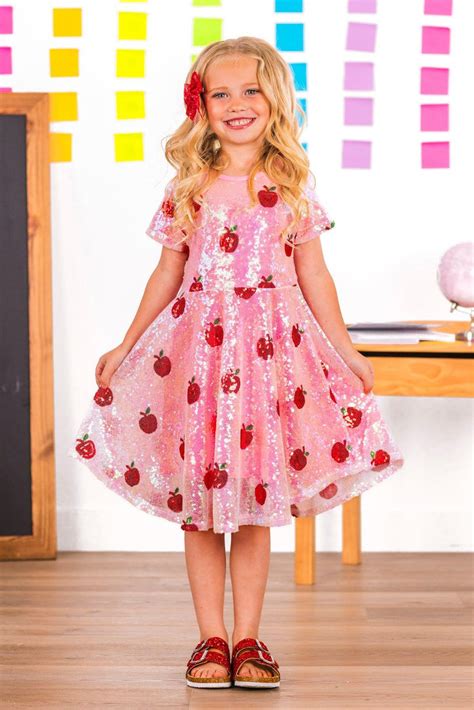 Pink Sequin Apple Dress Girls Back To School Clothing Sparkle In Pink