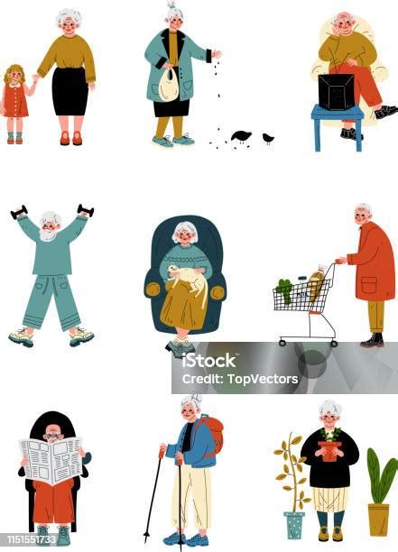 고령자 일상 활동 세트 노인 남성과 여성 독서 여행 쇼핑 하는 스포츠 돌보는 식물 벡터 일러스트 노인에 대한 스톡 벡터 아트 및 기타 이미지 Istock