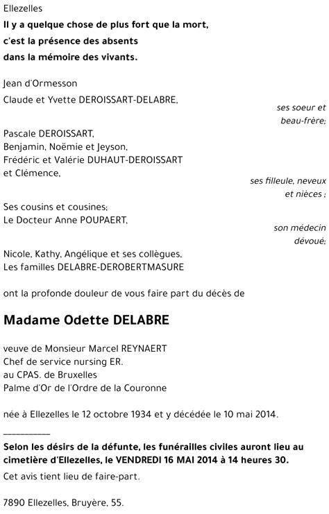 Avis De Décès De Odette Delabre Décédé Le 10052014 à Ellezelles