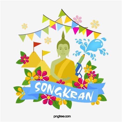 손으로 그린 태국 송 크 란 축제 꽃 일러스트 조각 불상 태국 다이와 다른 소수 민족의 물 뿌리기 축제 태족의 명절 Png 일러스트 및 Psd 이미지 무료 다운로드