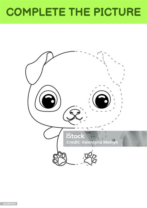귀여운 퍼그 강아지의 완전한 그려진 그림 색칠 공부 점 복사 게임 필기 연습 그리기 기술 훈련 인쇄 가능한 워크시트 를 개발하는 교육 활동 페이지입니다 벡터 그림입니다 개에