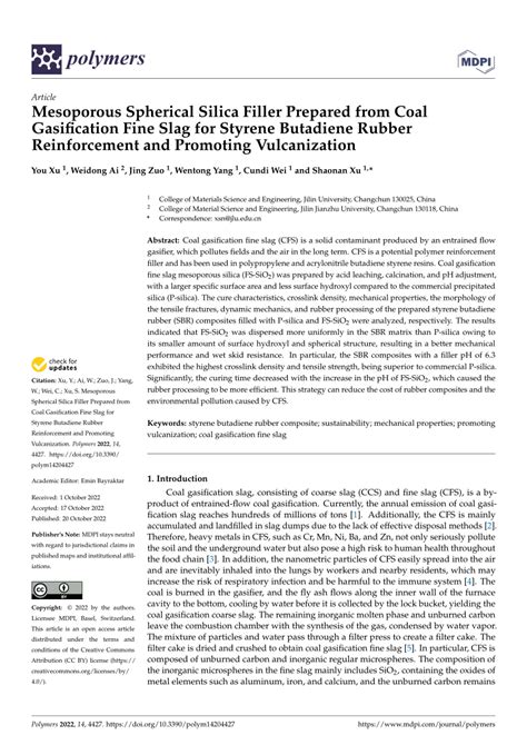 Pdf Mesoporous Spherical Silica Filler Prepared From Coal Gasification Fine Slag For Styrene