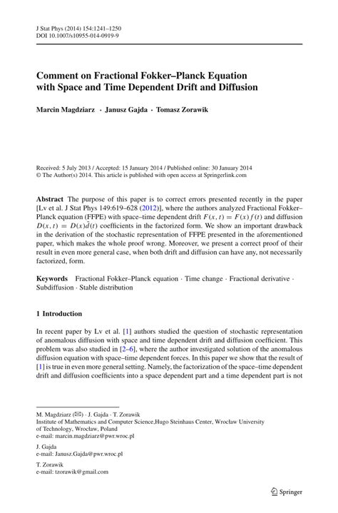 Pdf Comment On Fractional Fokker Planck Equation With Space And Time