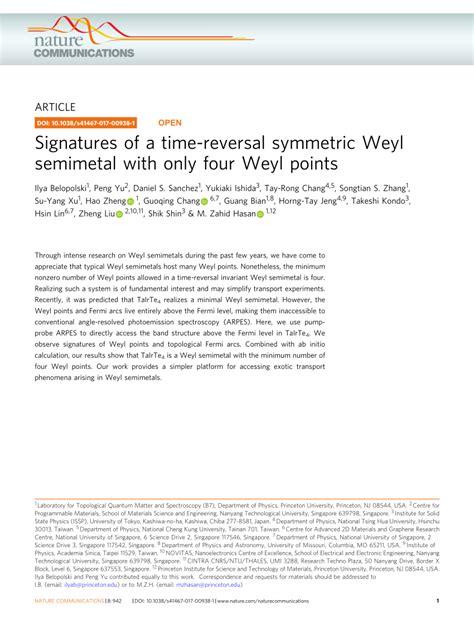Pdf Signatures Of A Time Reversal Symmetric Weyl Semimetal With Only Four Weyl Points