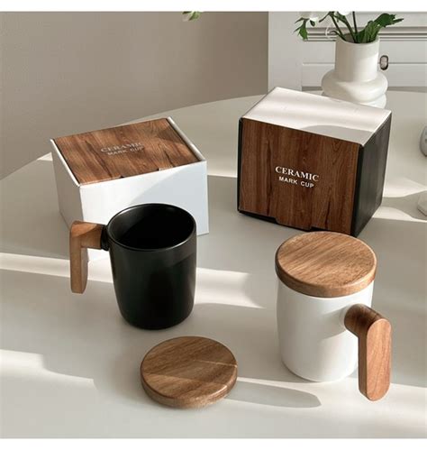 뚜껑있는 머그컵 머그잔 신혼 집들이선물 커플 머그컵세트 우드핸들 화이트 티몬