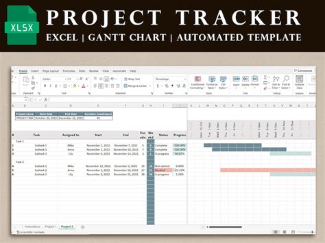 Project Planner Project Management Progress Tracker Excel Spreadsheet Automated Gantt Chart