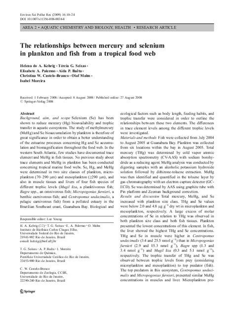 Pdf The Relationships Between Mercury And Selenium In Plankton And