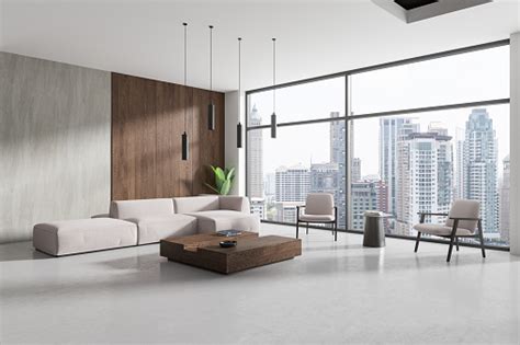 소파와 도시 전망 현대적인 디자인 흰색과 목재 요소 대형 창문이 있는 현대적인 거실 인테리어 3d 렌더링 0명에 대한 스톡 사진 및 기타 이미지 Istock